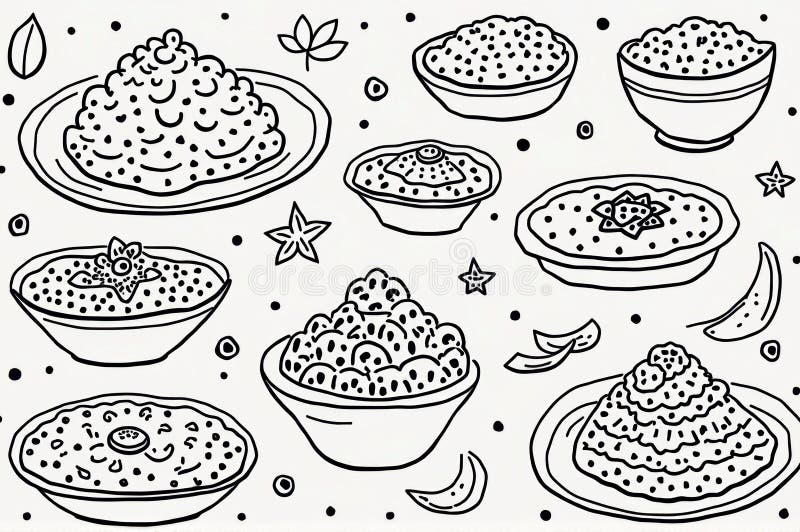 Black and White Doodle of Various Rice Dishes in Bowls Stock ...