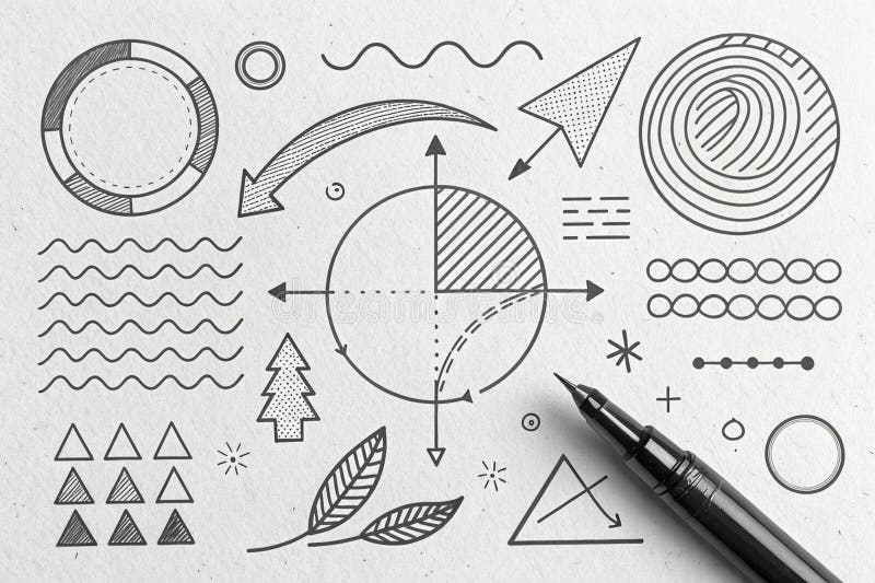 Black and White Doodles with Circles, Arrows, and Patterns ...