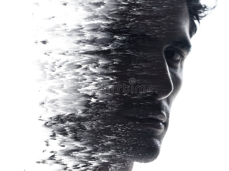 A Black and White Double Exposure Half Profile Glitch Portrait of a Man ...