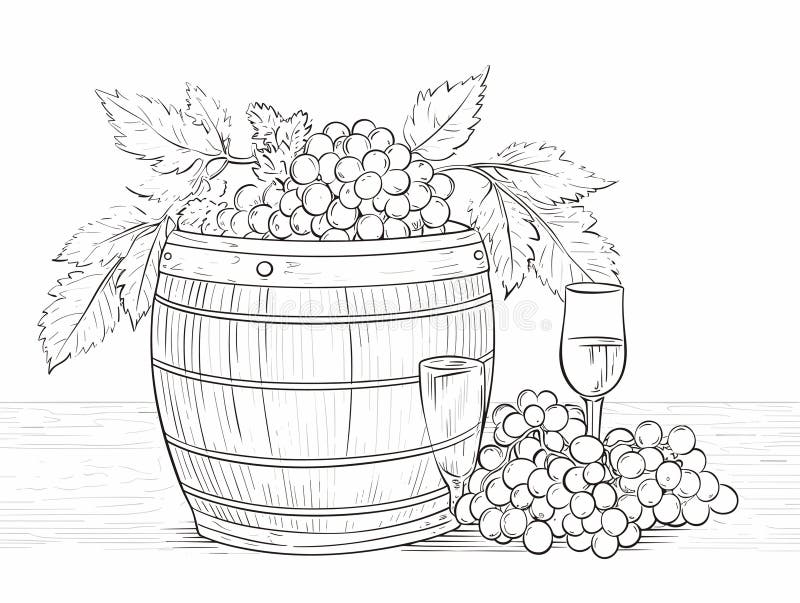 A Black and White Drawing of a Barrel of Grapes and a Glass of Wine ...