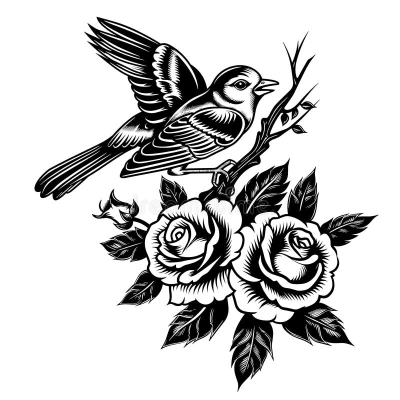 A Black and White Drawing of a Bird with a Rose in the Background Stock ...