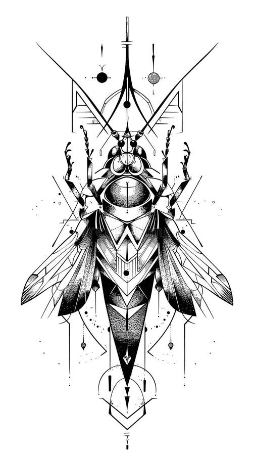 A Black and White Drawing of a Bug with a Cross on Its Head Stock ...
