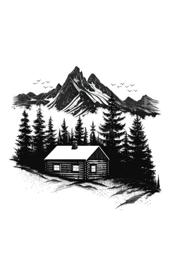 A Black and White Drawing of a Cabin in the Mountains. Perfect for ...