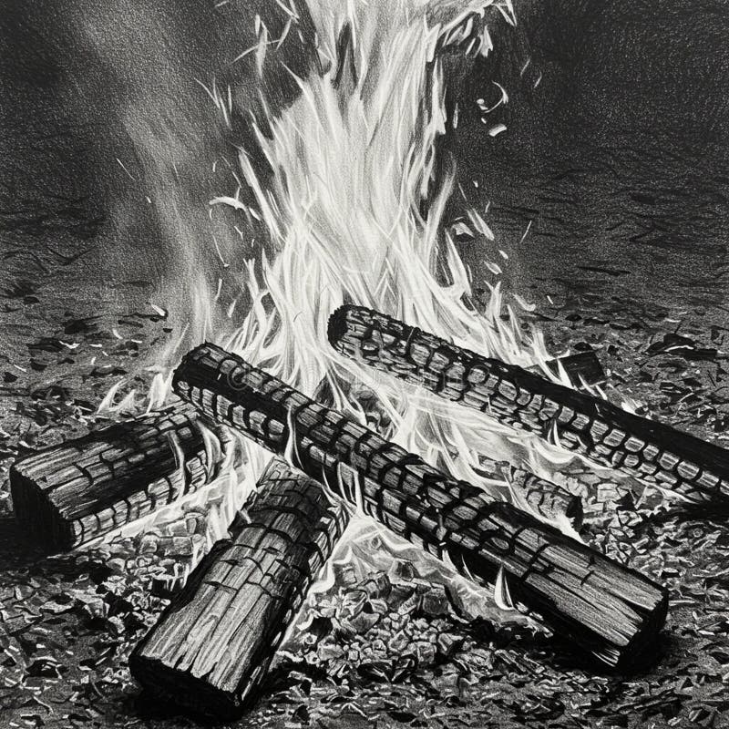Black and White Drawing of a Campfire with Logs Placed in a Circular ...