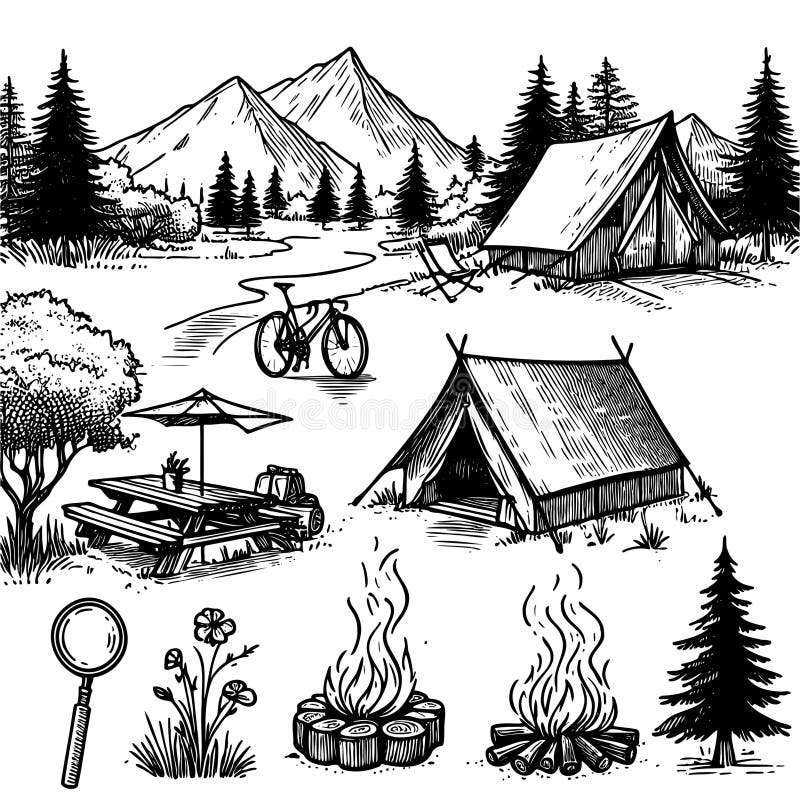 A Black and White Drawing of a Campsite with a Tent, a Bicycle, a ...