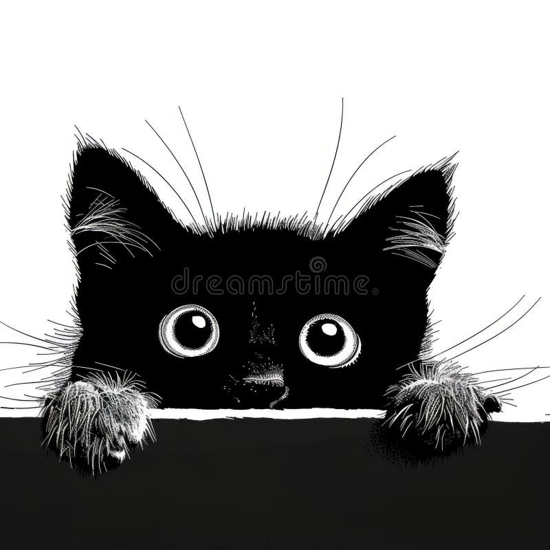A Black and White Drawing of a Cat Peeking Over a Wall Stock ...