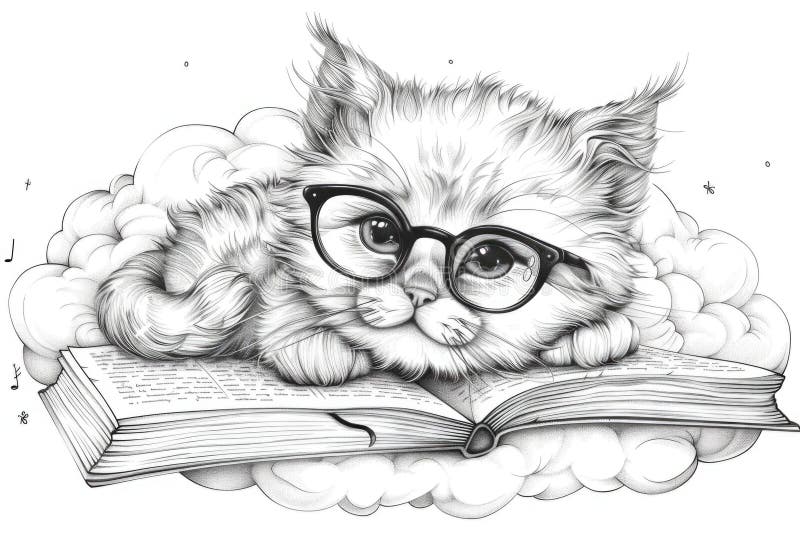 A Black and White Drawing of a Cat Reading a Book Stock Photo - Image ...