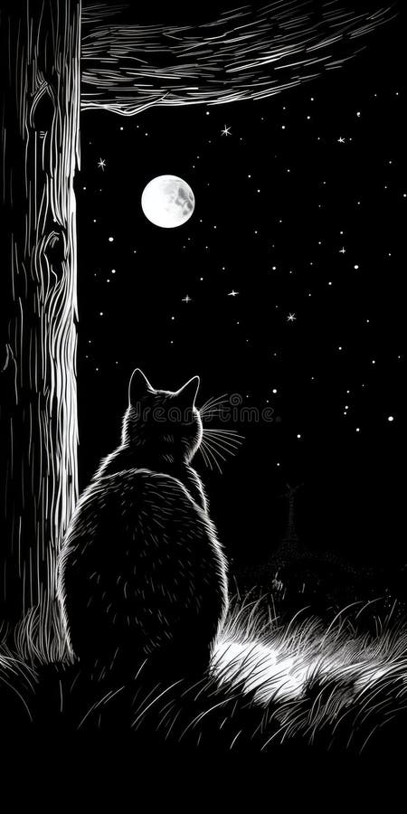 A Black and White Drawing of a Cat Sitting Under a Tree Stock ...