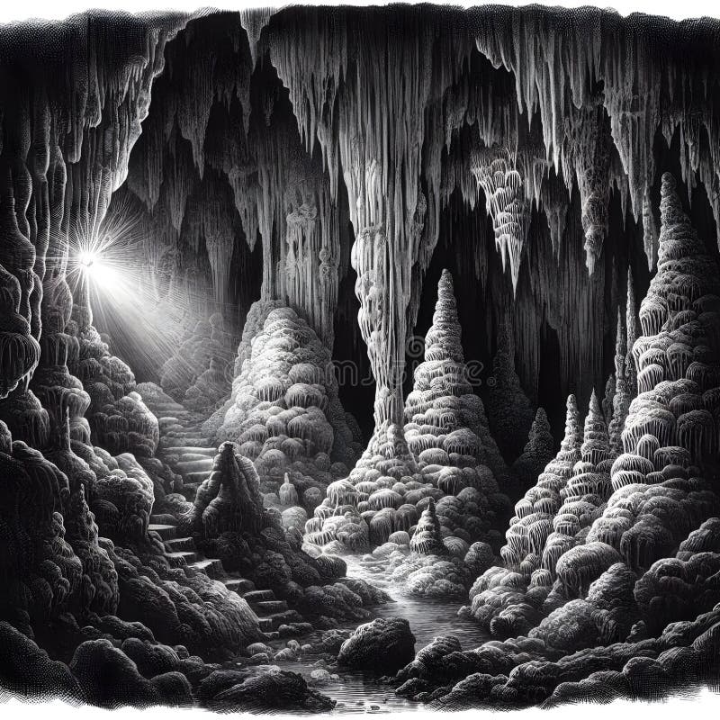 Black and White Drawing of a Cave. Stock Illustration - Illustration of ...