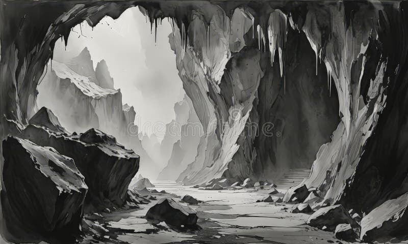 Black and White Drawing Cave Stock Illustration - Illustration of ...