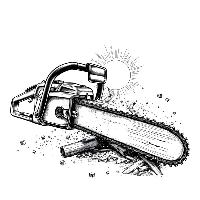 A Black and White Drawing of a Chainsaw with a Sun in the Background ...