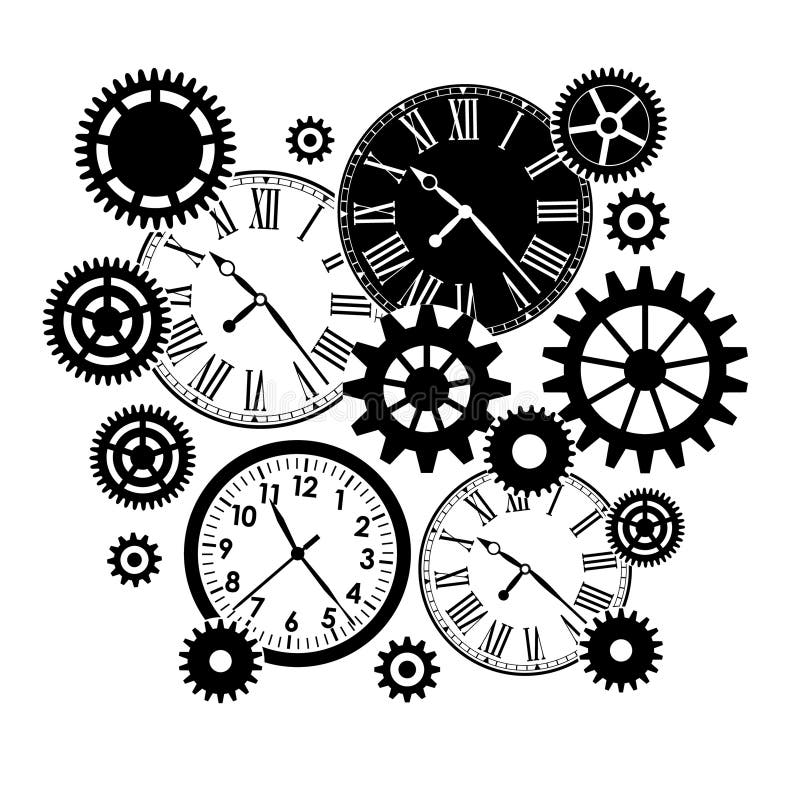 Black and White Drawing of Clocks and Gears on White Background Stock ...