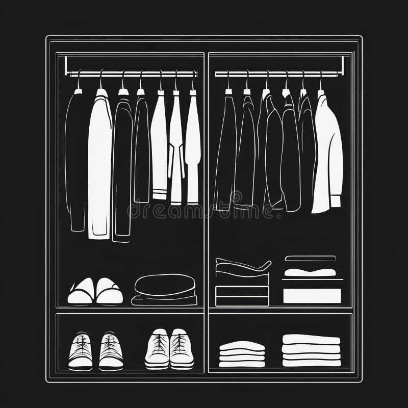 Black and White Drawing of a Closet with Clothes Hanging on the Racks ...