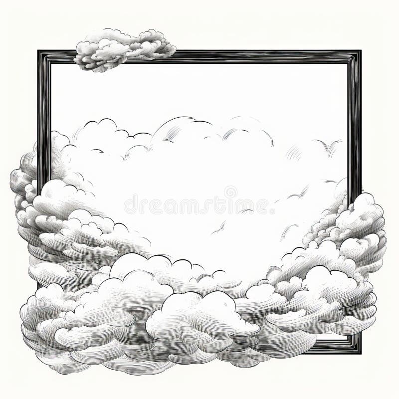 Black and White Drawing of Clouds in a Square Frame Stock Illustration ...