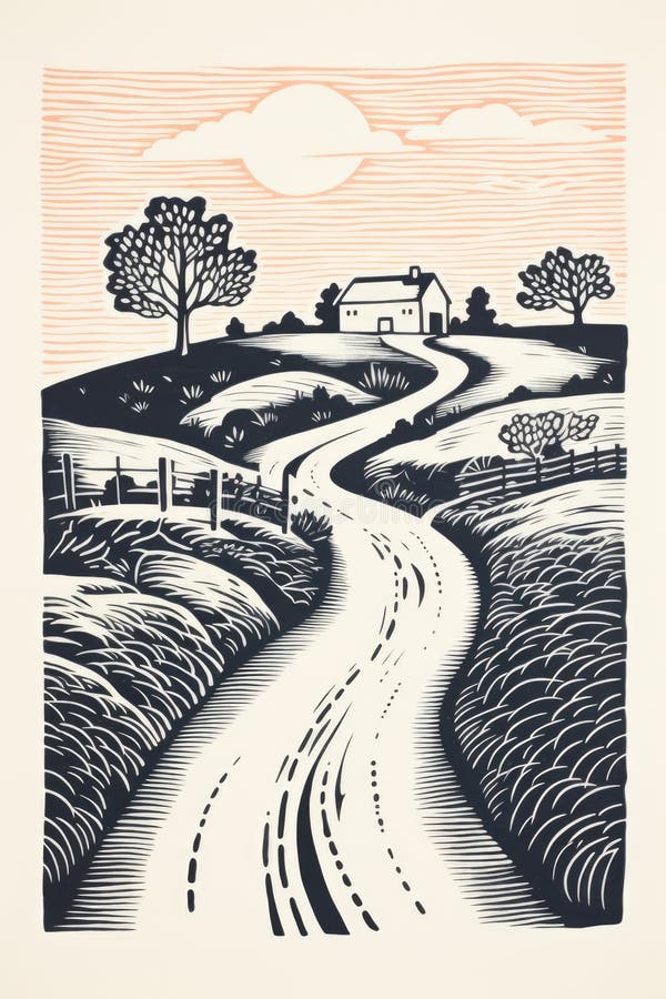 A Black and White Drawing of a Country Road. Stock Illustration ...