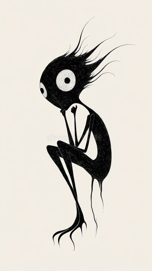 Black and White Drawing of a Creepy Looking Creature with a Twisted ...