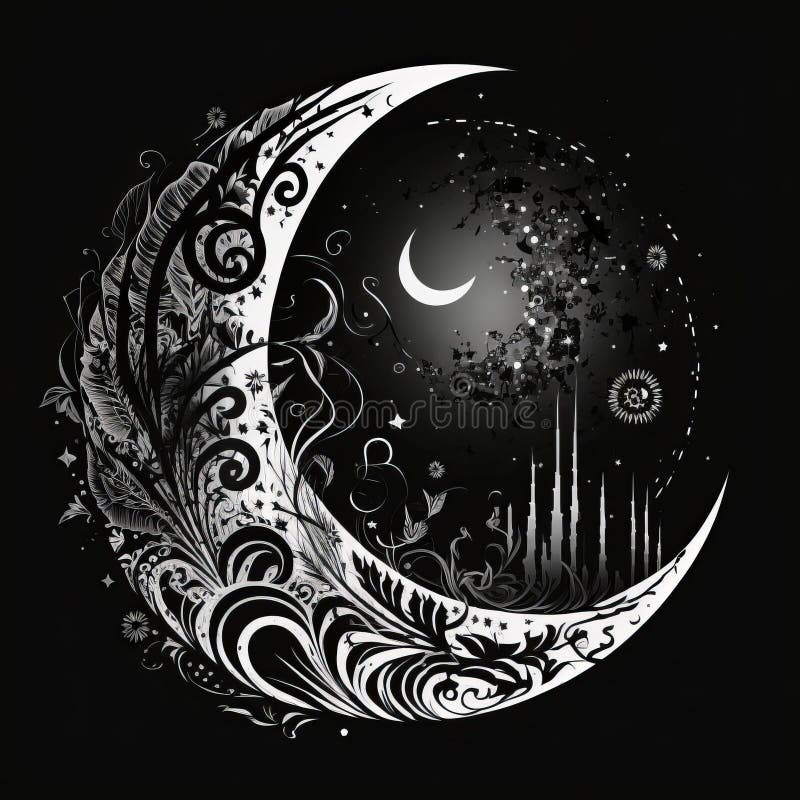 A Black and White Drawing of a Crescent Moon with Feathers and Swirls ...