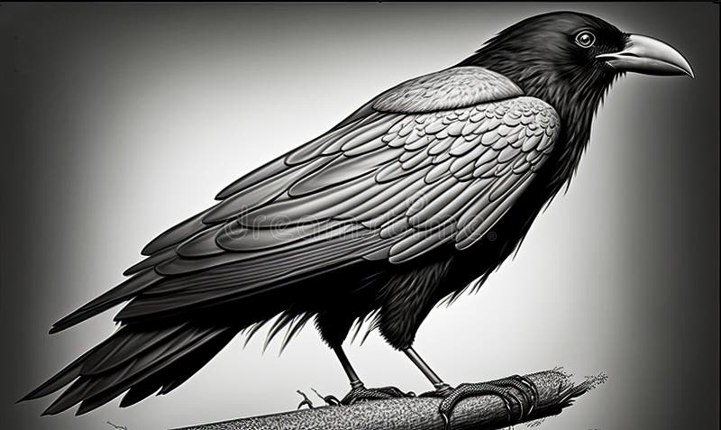 Black and White Drawing of Crow Sitting on Branch. Generative AI Stock ...