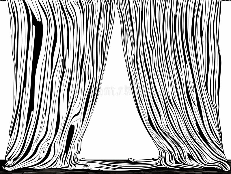 A Black and White Drawing of a Curtain - Wide Open Curtain Pattern with ...