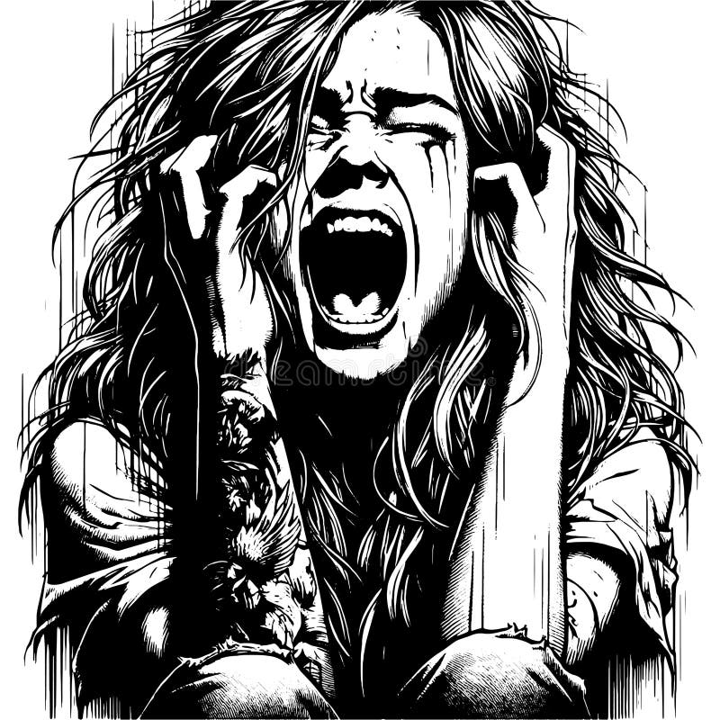 Distressed Person Screaming with Hands on Head in Black and White ...