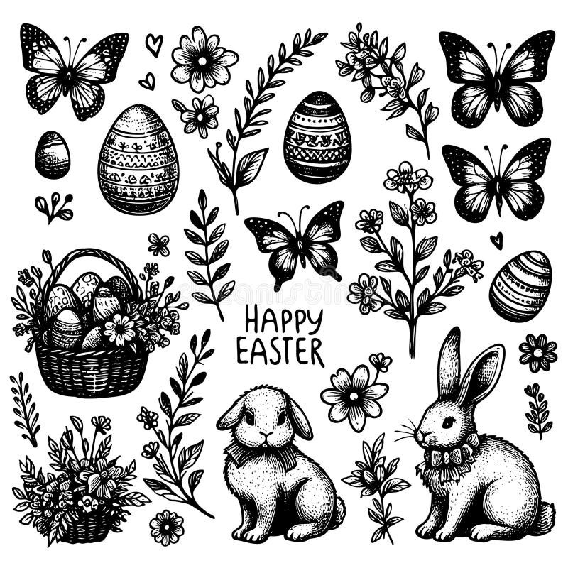 A Black and White Drawing Easter Decorations Including a Basket of Eggs ...