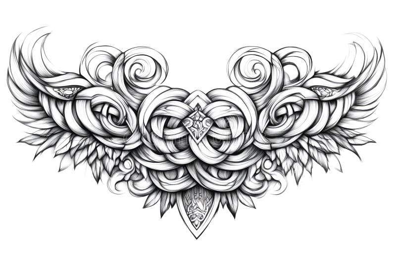 Black and White Drawing of an Elaborate Winged Design with Central ...