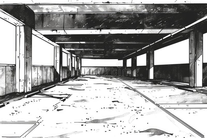 A Black and White Drawing of an Empty Building, Suitable for Use in ...