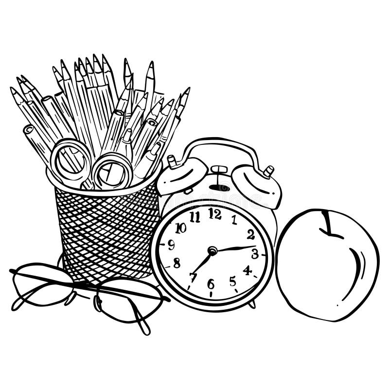 A Black and White Drawing Featuring an Alarm Clock, Two Pencils, and a ...