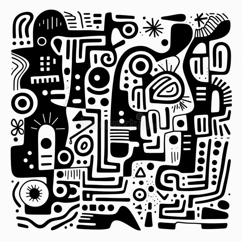 Abstract Black and White Drawing with Bold Character Designs Stock ...