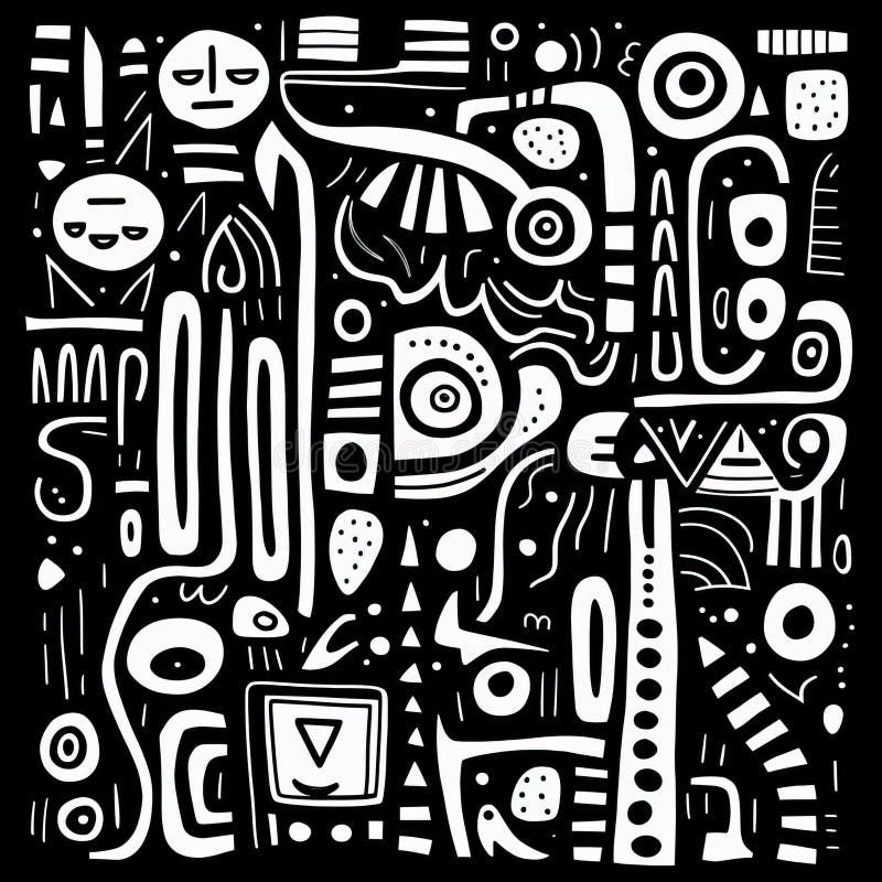 Expressive Doodle Design on Black Background - Abstract Art Stock ...