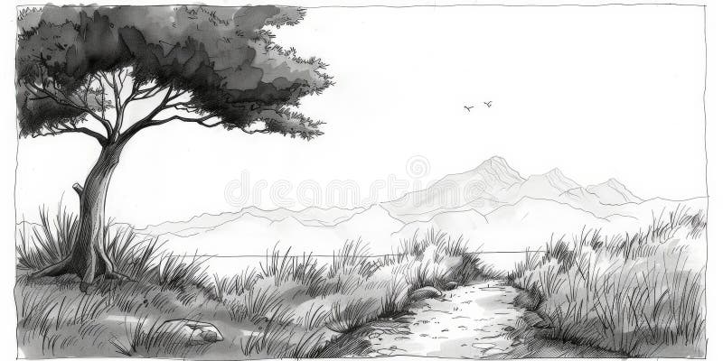 Path Leading To a Tree in Black and White Stock Illustration ...