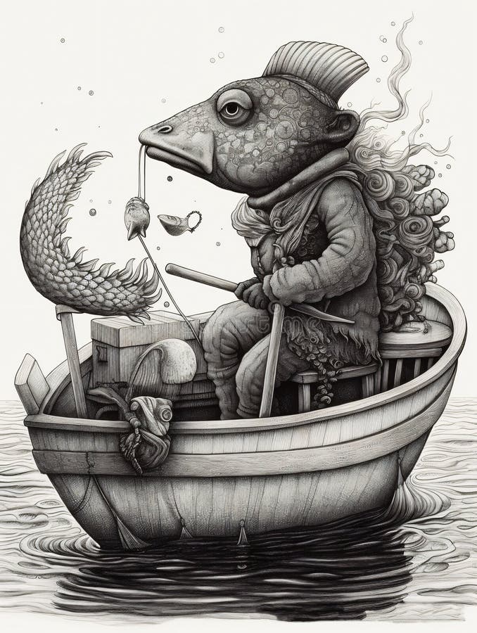 Black and White Drawing of a Fish in a Bathtub in the Style of ...