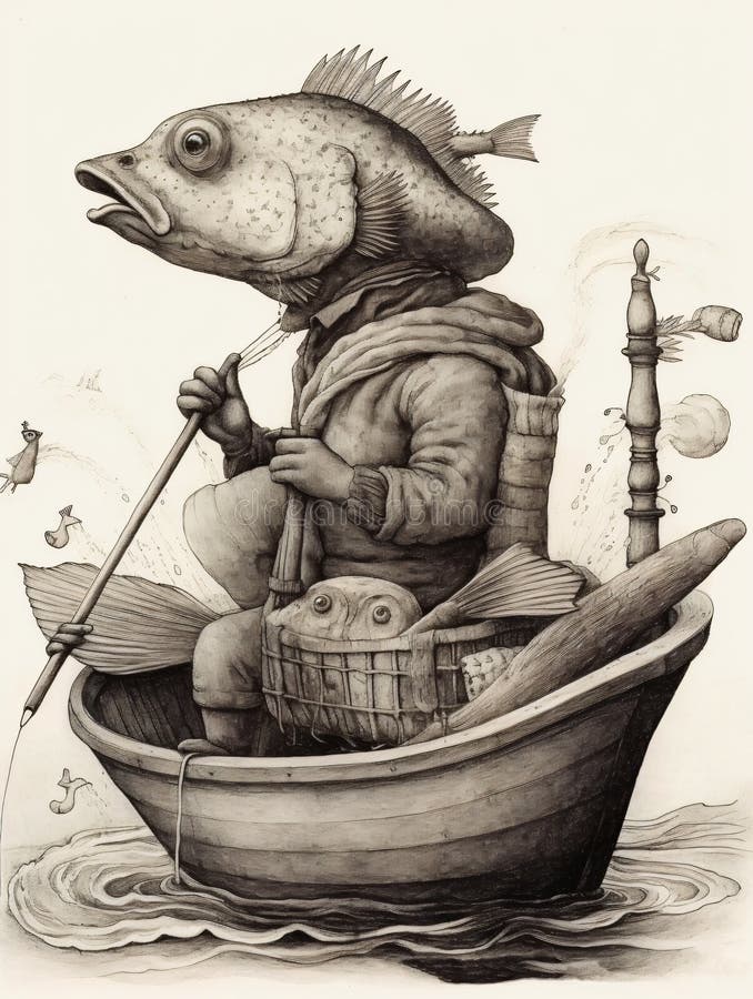 Black and White Drawing of a Fish in a Bathtub in the Style of ...