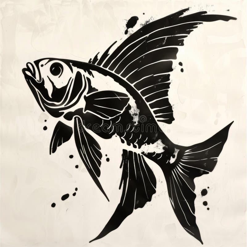 A Black and White Drawing of a Fish, Cracked Distressed White Texture ...