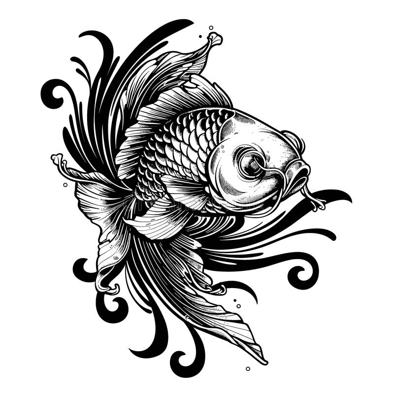 A Black and White Drawing of a Fish with a Flower in Its Tail for Your ...