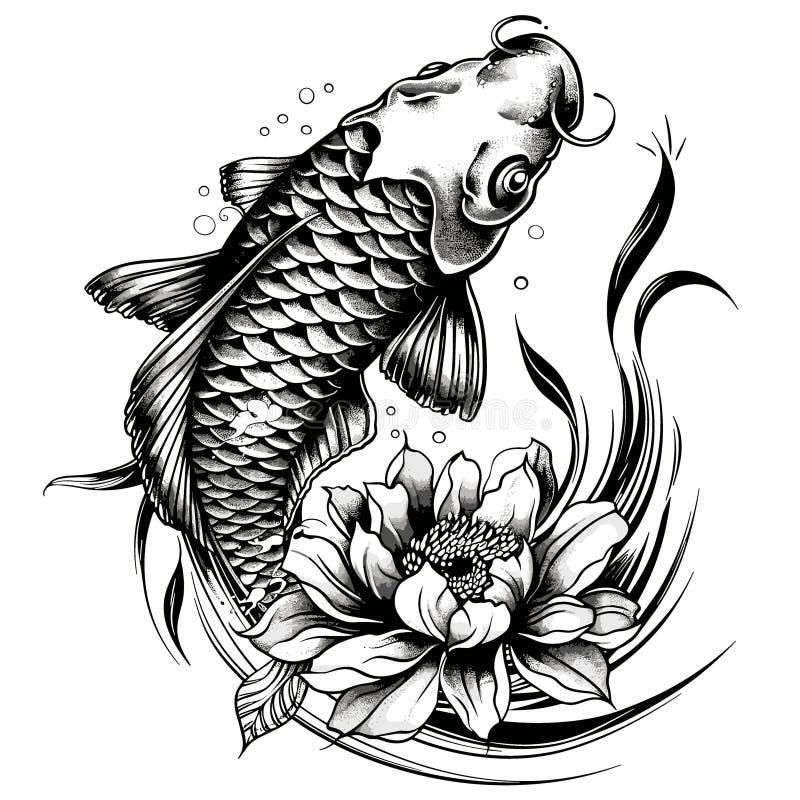 A Black and White Drawing of a Fish with a Flower on Its Tail Stock ...
