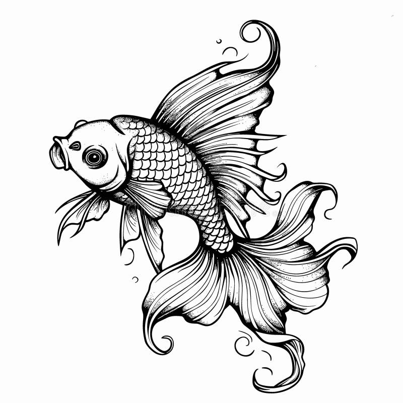 A Black and White Drawing of a Fish with a Long Tail Stock Vector ...