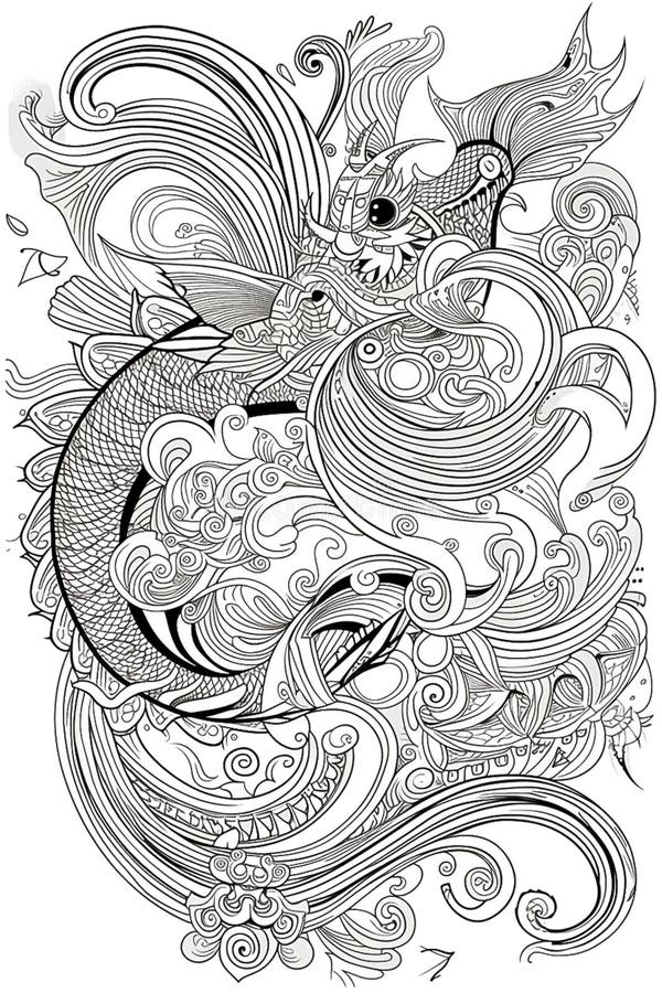 A Black and White Drawing of a Fish with Waves and Waves Stock ...