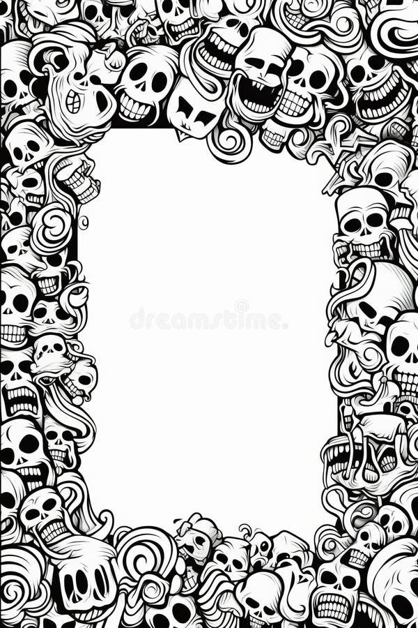 A Black and White Drawing of a Frame with Skulls Stock Illustration ...
