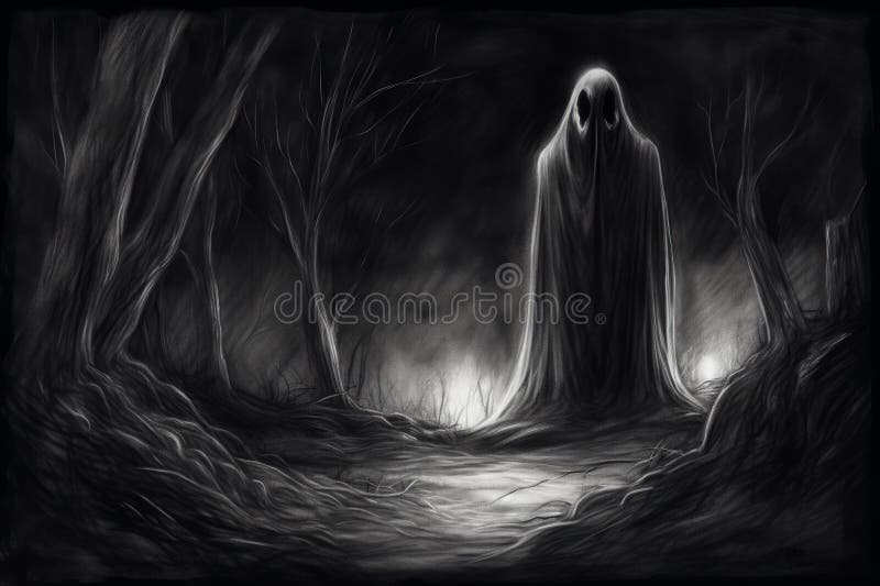 Black and White Drawing of Ghost in Dark Forest with Trees. Generative ...