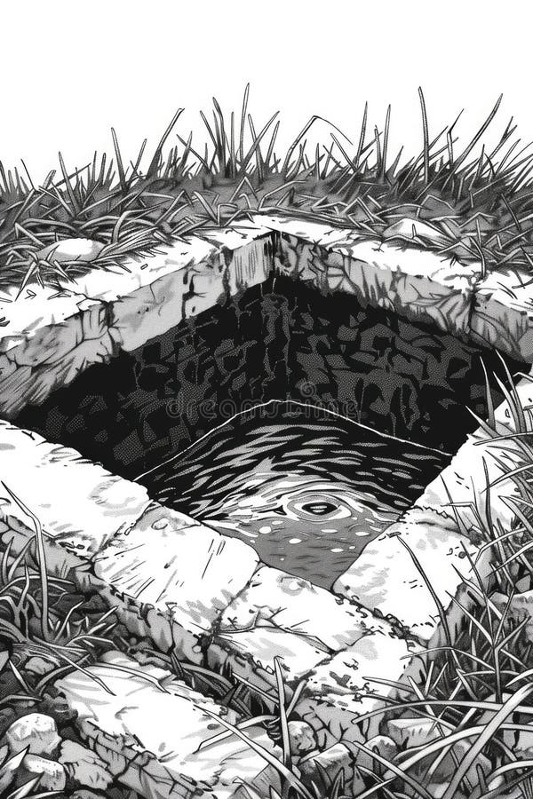 Black and White Drawing of Hole in Ground with Water in it Stock Image ...