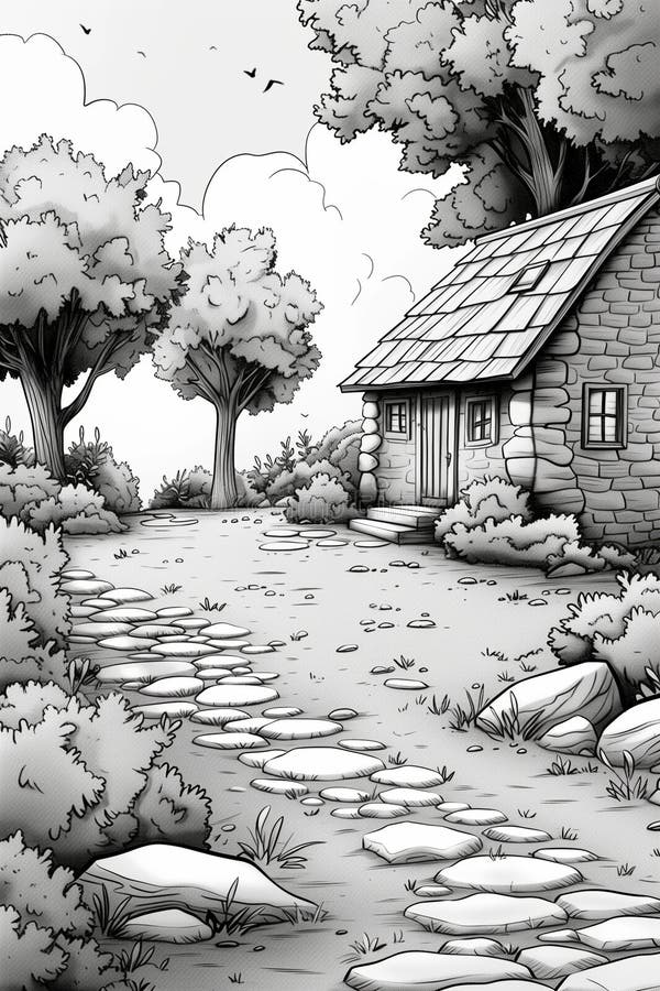 Black and White Drawing of a House Surrounded by Trees in the Woods ...