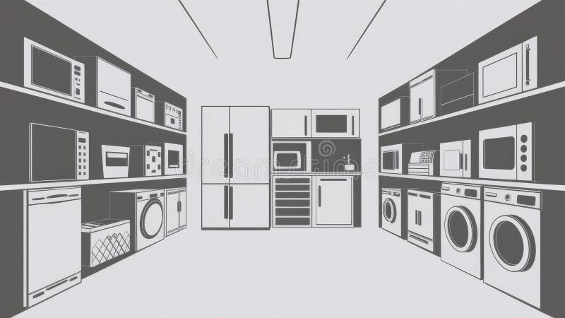 A Black and White Drawing of a Kitchen with Appliances, AI Stock ...