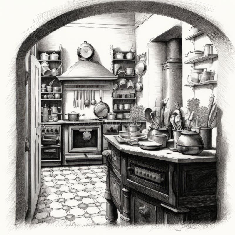 Black and White Drawing of a Kitchen with Cookware. AI-generated Stock ...