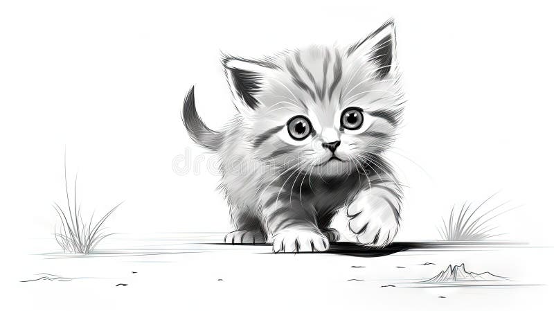 A Black and White Drawing of a Kitten on the Ground Stock Illustration ...
