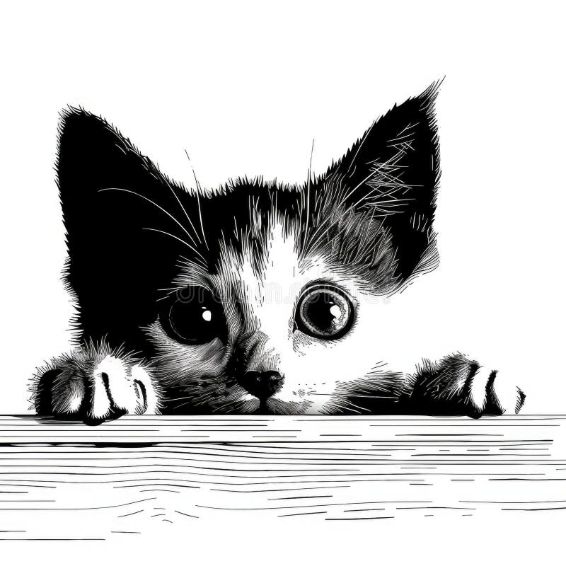 A Black and White Drawing of a Kitten Peeking Over a Table Stock ...