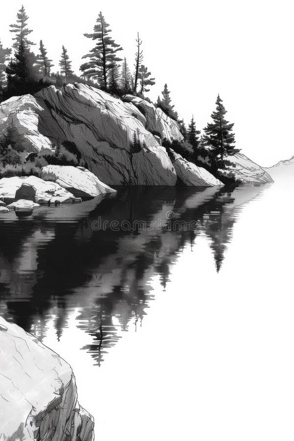 A Black and White Drawing of a Lake with Trees on the Shore, AI Stock ...