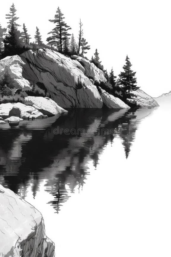 A Black and White Drawing of a Lake with Trees on the Shore, AI Stock ...