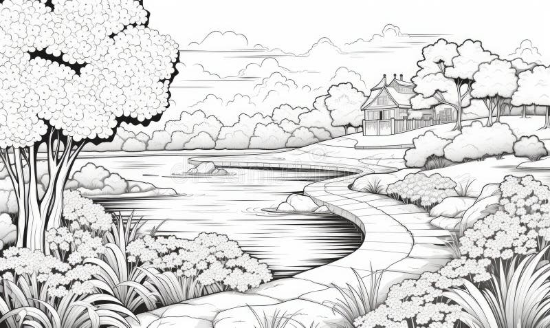A Black and White Drawing of a Landscape Stock Illustration ...