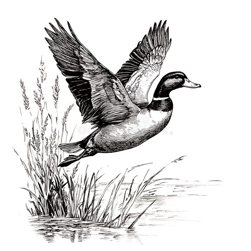 Black and White Drawing of a Mallard Duck Taking Flight Over Water and ...